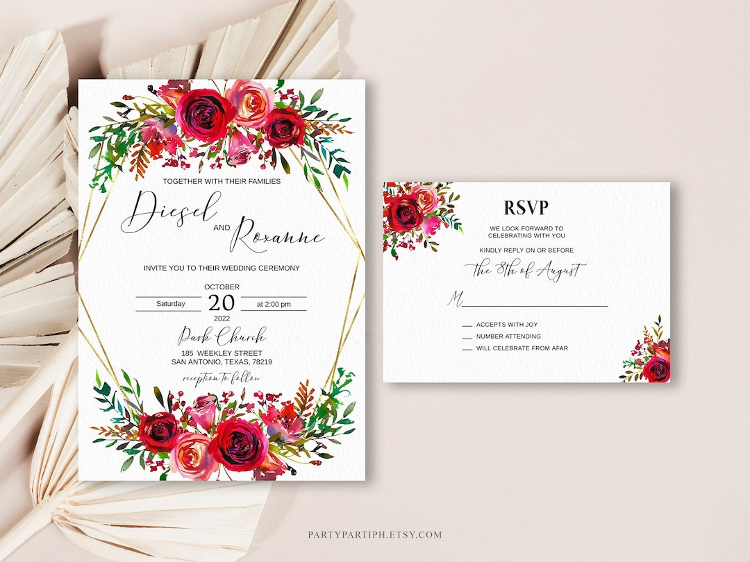 Editable Red Flowers Wedding Invitation Set Template Instant Download ...