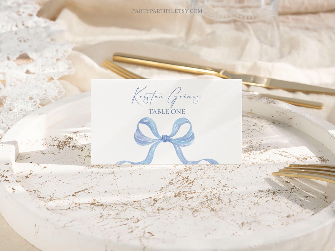 Editable Blue Bow Place Cards Template Cute Girl Bow Table Name Table ...