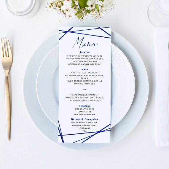 Editable Royal Blue Menu Card Template (Wedding, Bridal Shower, Dinner ...