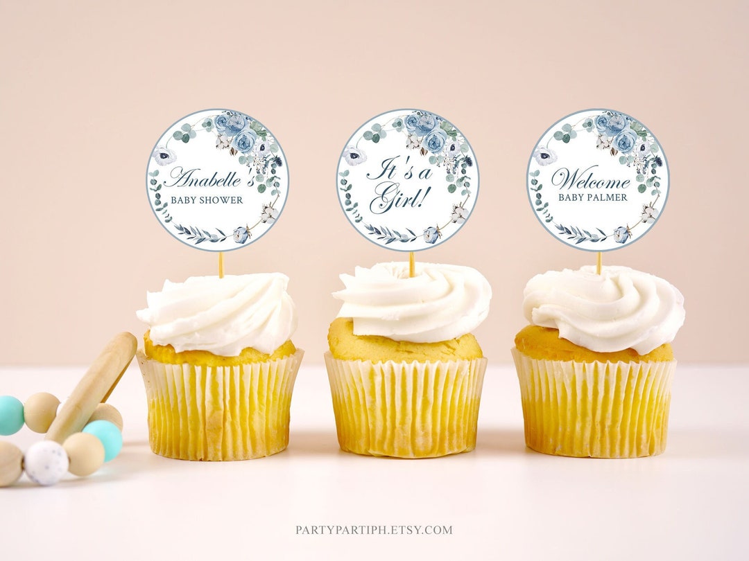 Editable Blue Cupcake Toppers Blue Flower Baby Shower Cupcake Toppers ...