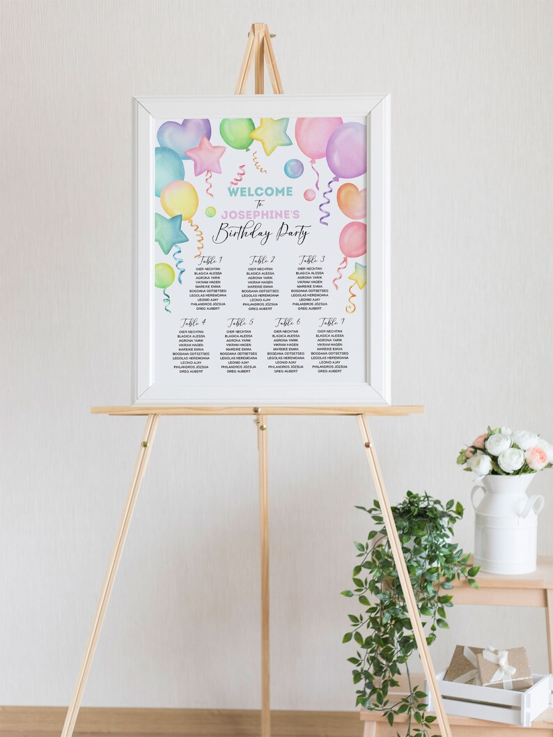EDITABLE Rainbow Balloons Baby Shower Seating Chart Template Balloon ...