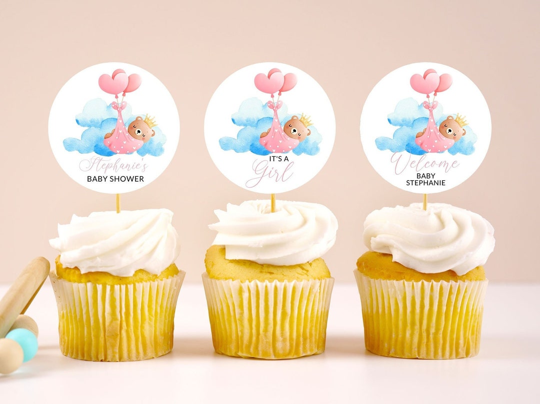 EDITABLE Teddy Bear Baby Shower Cupcake Toppers Girl Baby Shower ...