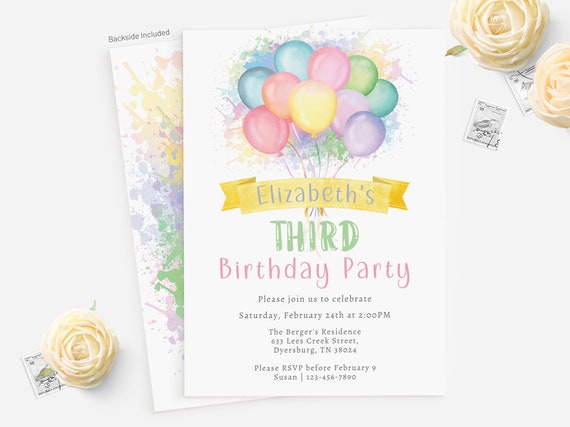 Editable Watercolor Pastel Rainbow Balloons Birthday Invitation Rainbow ...