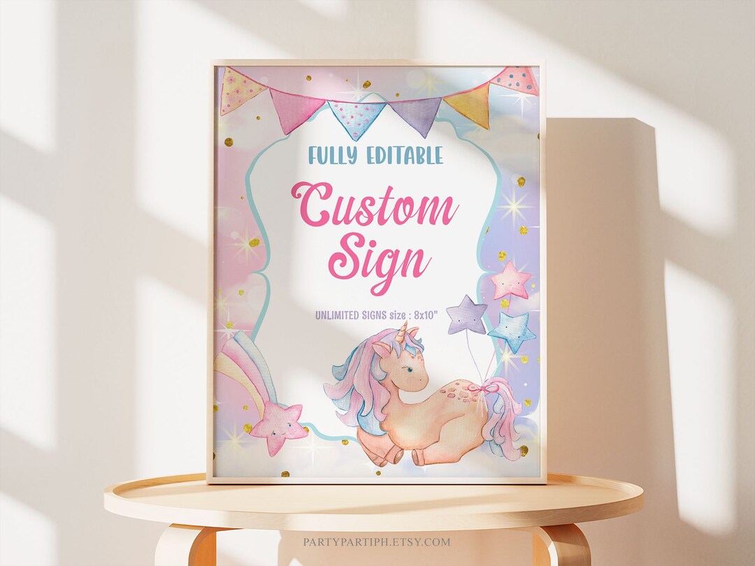 Editable Rainbow Unicorn Custom Sign 8x10, Girl Unicorn Birthday Table ...