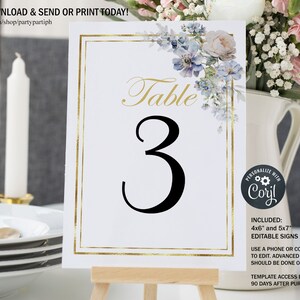 Editable Blue Flowers Wedding Table Number Card Printable Template Gold ...
