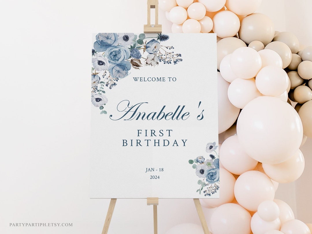 Editable Blue Flowers Birthday Welcome Sign Template Floral Welcome ...