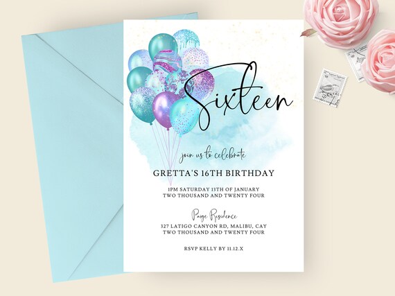 EDITABLE 16th Birthday Invitation Balloons Aqua and Purple Lets Party ...