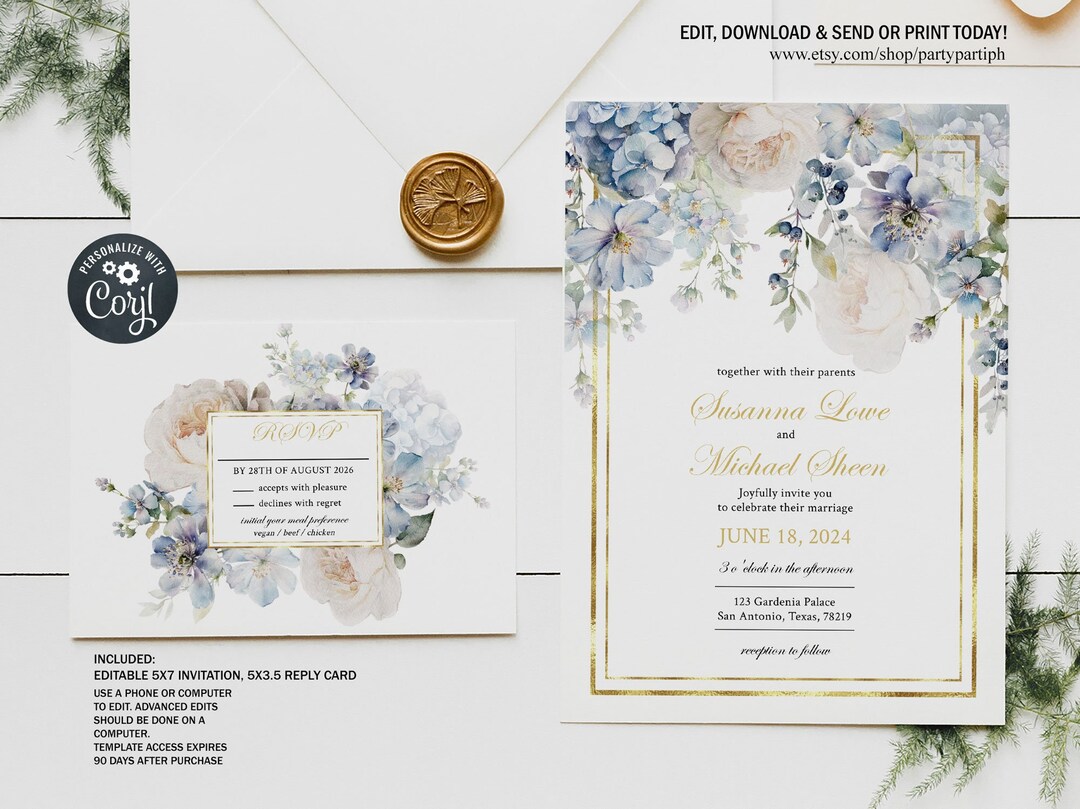 EDITABLE Blue Flowers Wedding Invitation Suite Templates Gold Frame ...