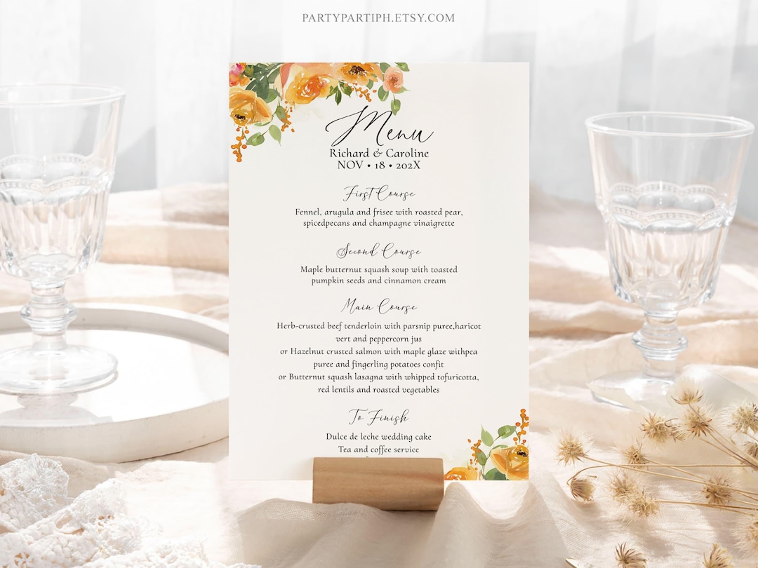 EDITABLE Orange Flowers Wedding Menu Card Template 5x7" Instant ...