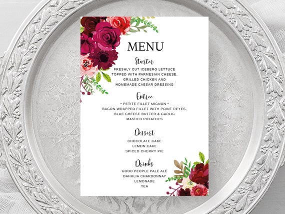 EDITABLE Boho Burgundy Menu Card Template (Wedding, Bridal Shower ...