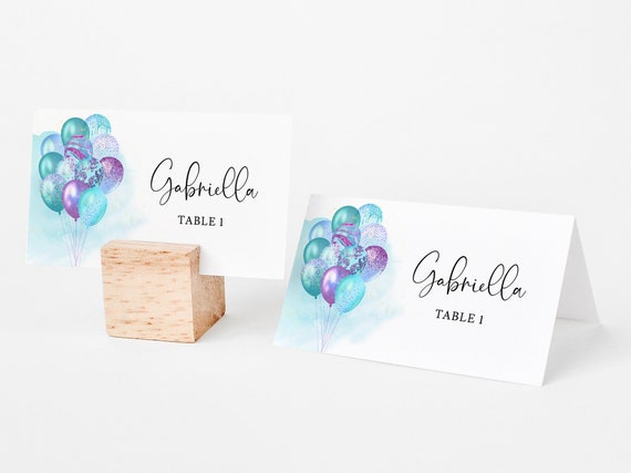 EDITABLE Aqua Purple Balloons Food Cards Buffet Label Blue Place Card ...