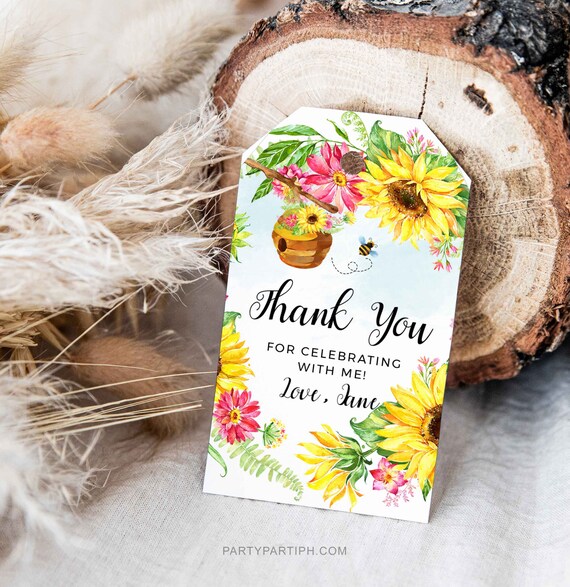 Editable Sunflower Birthday Favor Tags, Bee Sunflower Gift Tags ...