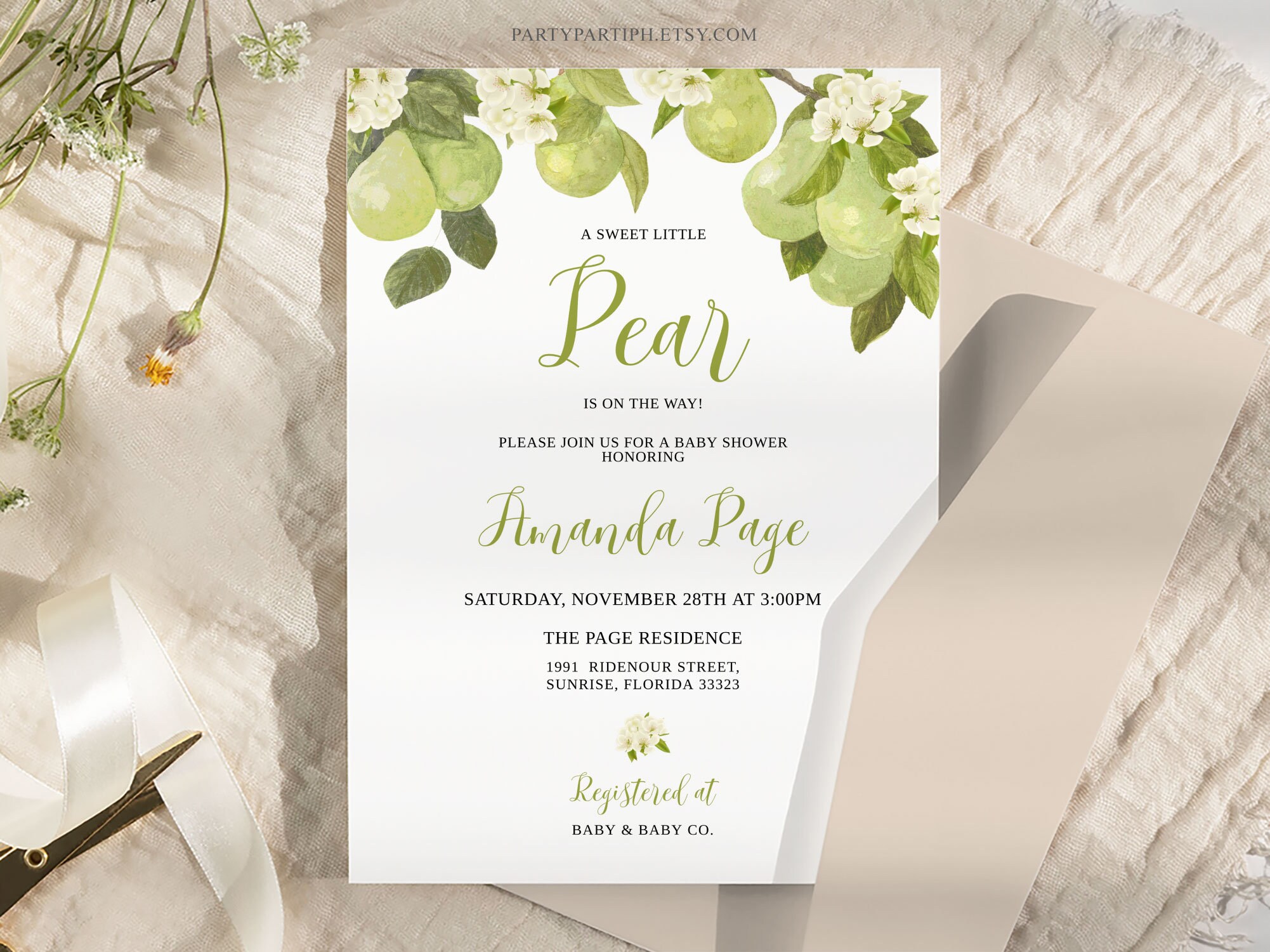 Editable Pear Baby Shower Invitation Fruit Watercolor Baby Shower Pear ...