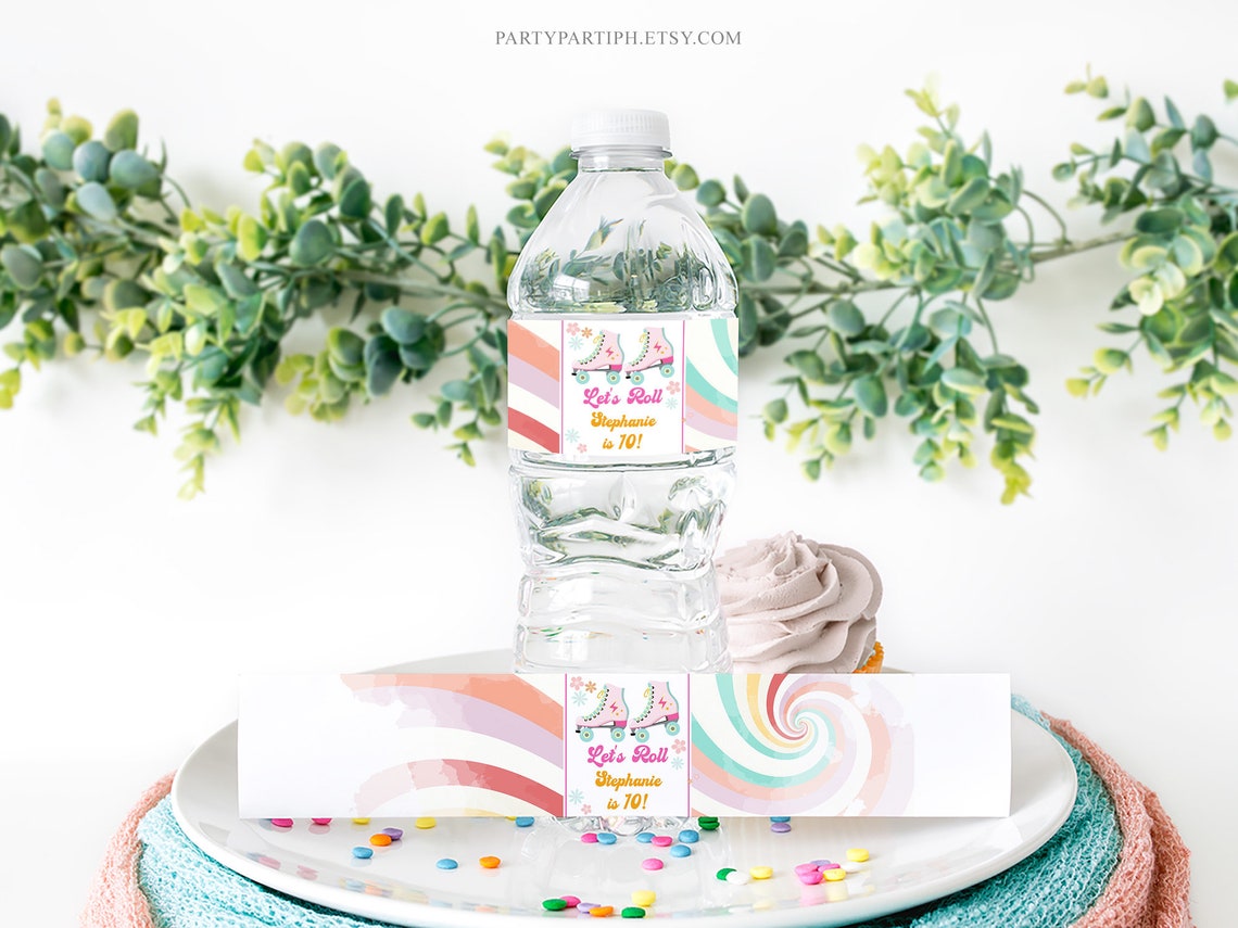 Editable Retro Roller Skates Water Bottle Labels Template Skating Girl ...