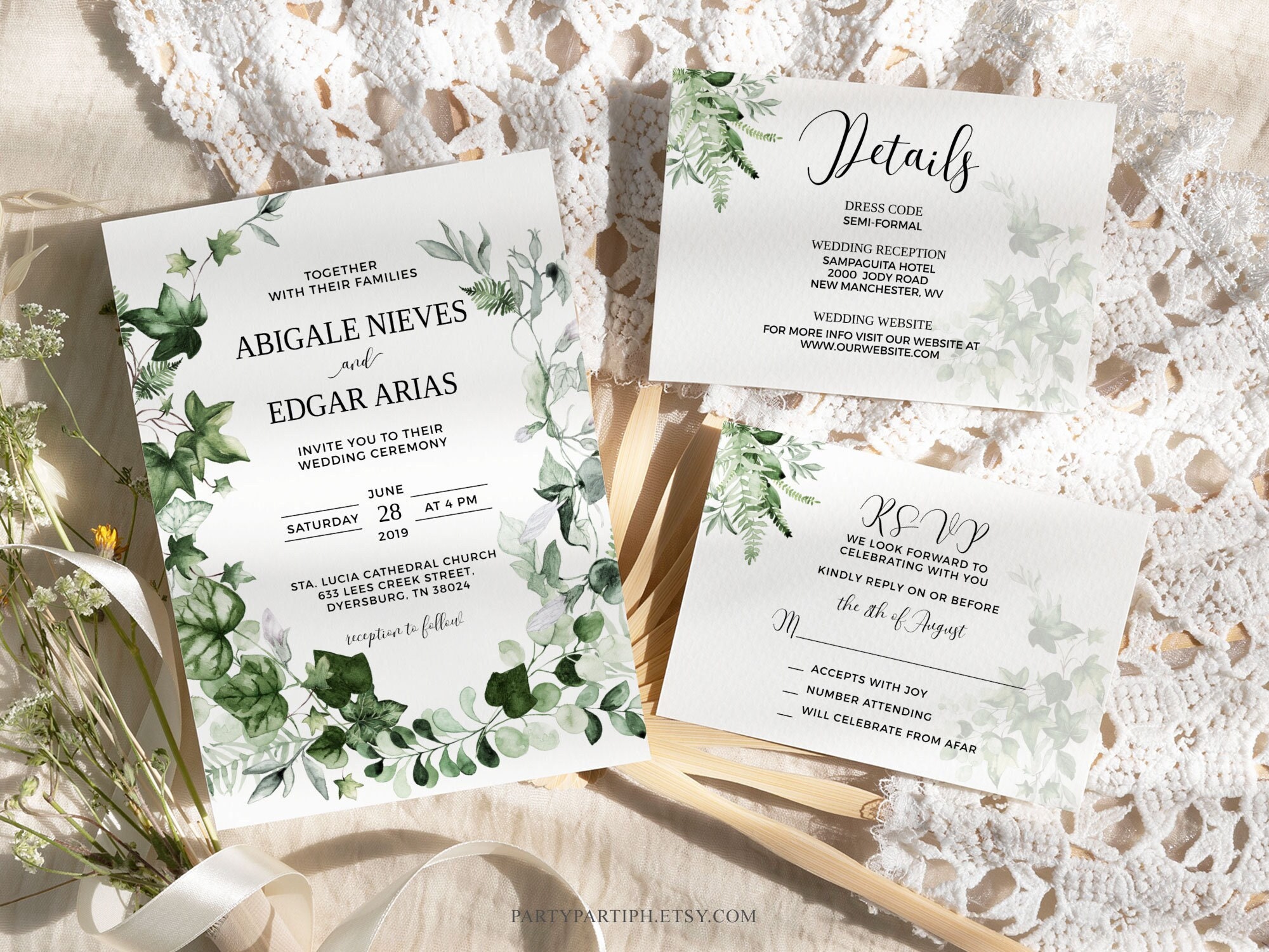 Editable Greenery Wedding Invitation Set Template Instant Download With ...