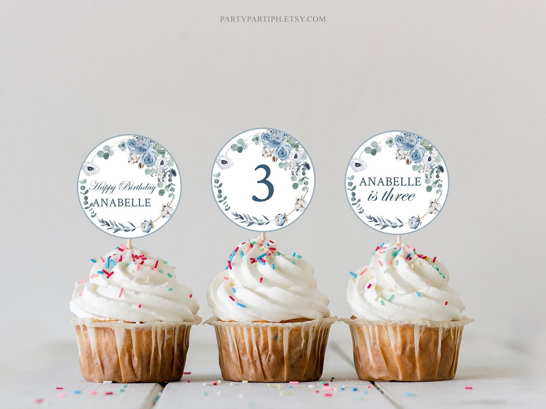 Editable Blue Cupcake Toppers Blue Flowers Birthday Party Cupcake ...