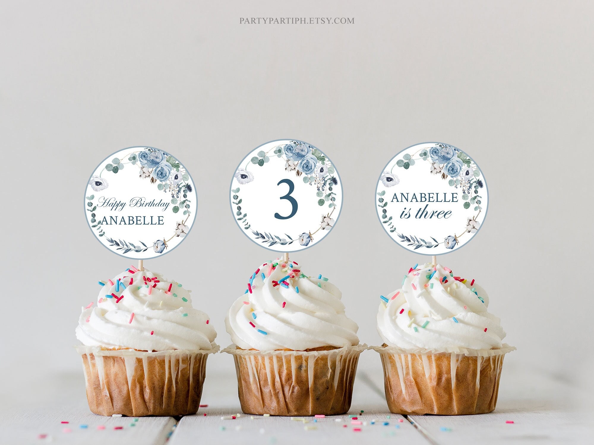 Editable Blue Cupcake Toppers Blue Florals Birthday Party - Etsy