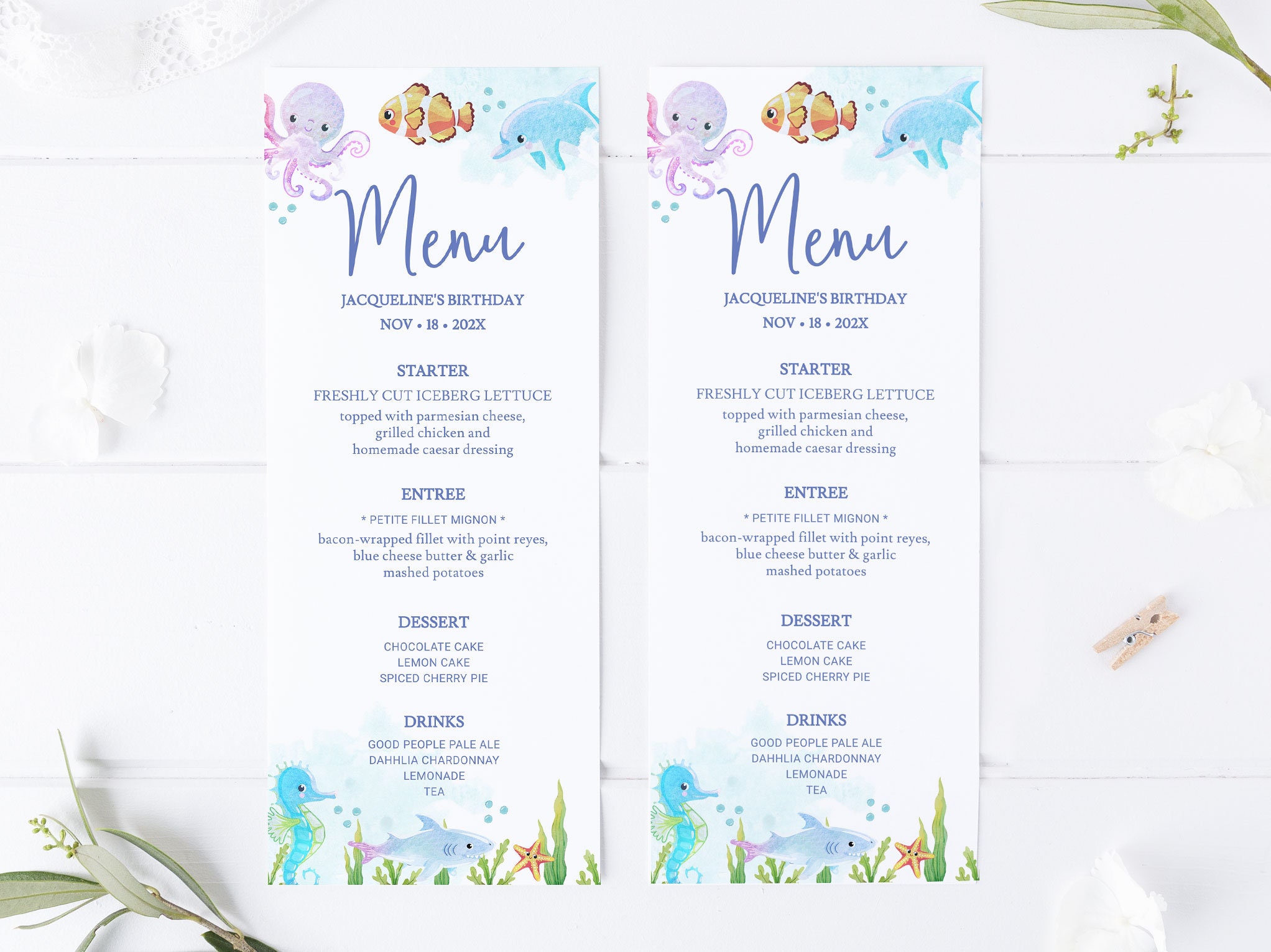 EDITABLE Under the Sea Menu Birthday Party Menu Card Template Instant ...