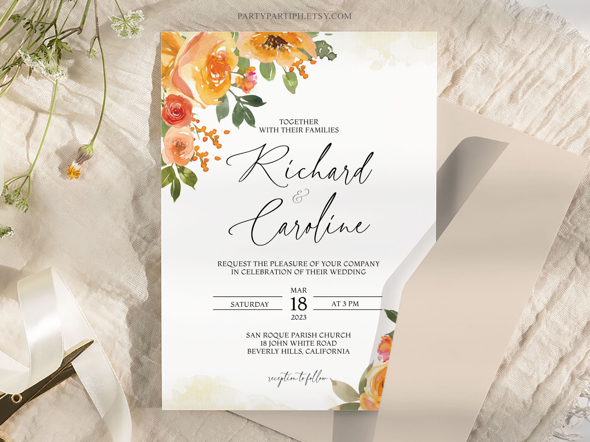 EDITABLE Orange Flowers Wedding Invitation Template Wedding Rustic ...