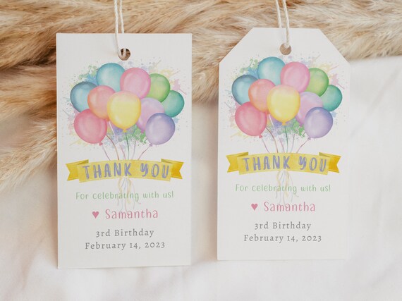 Editable Watercolor Pastel Rainbow Balloons Party Gift Tag Watercolor ...