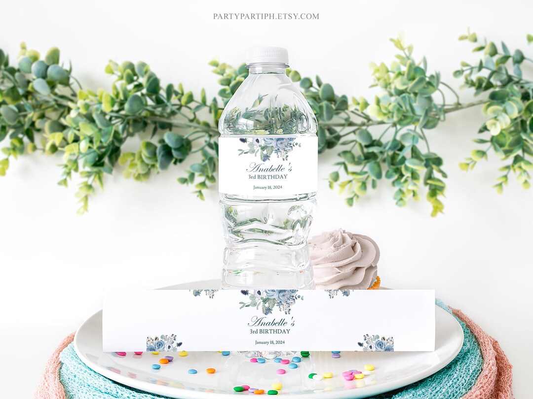 Editable Blue Flowers Water Bottle Labels Template Instant Download ...