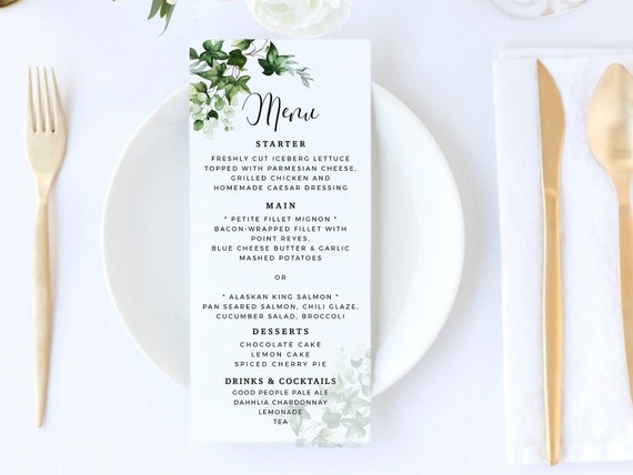 Editable Ivy Menu Card Template (Wedding, Bridal Shower, Dinner, Brunch ...