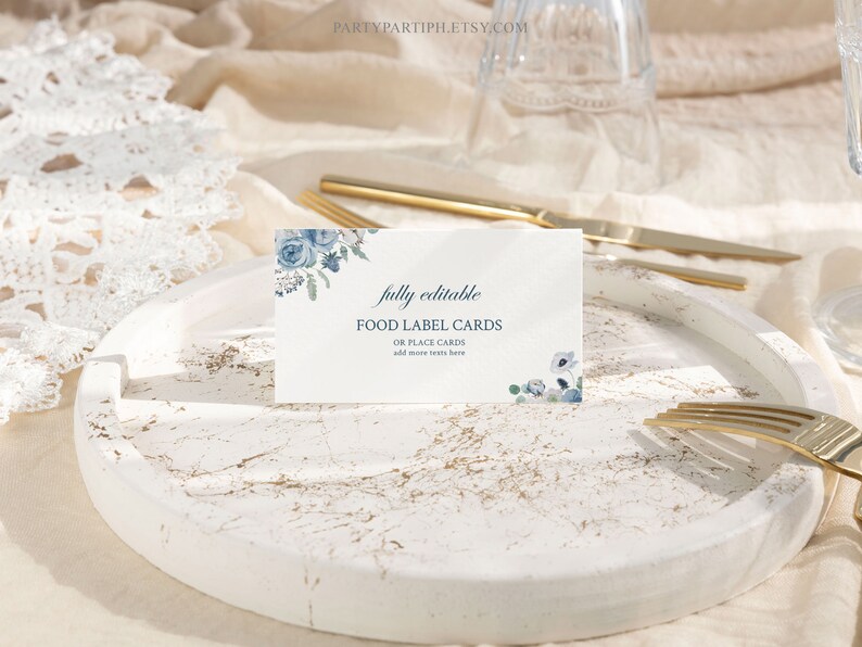 Editable Blue Flowers Menu Cards and Place Cards Template 4x9" Instant ...
