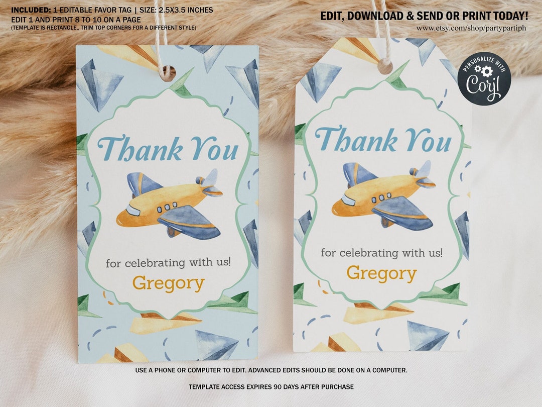 Editable Airplane Gift Tag Paper Plane Thank You Tags Time Flies Baby ...