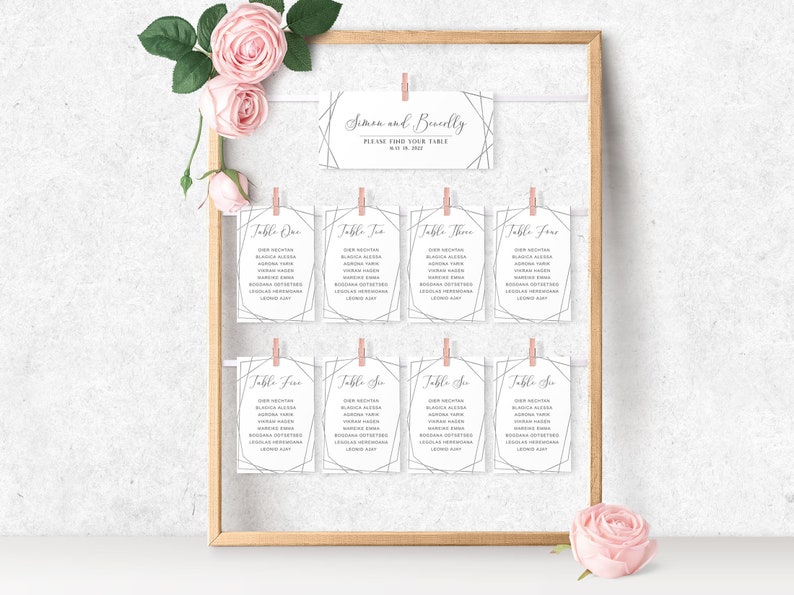 EDITABLE Silver Geometric Wedding Seating Table Cards, Find Your Table ...