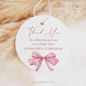EDITABLE Pink Bow Round Birthday Favor Tag Template Cute Girl Bow Thank ...