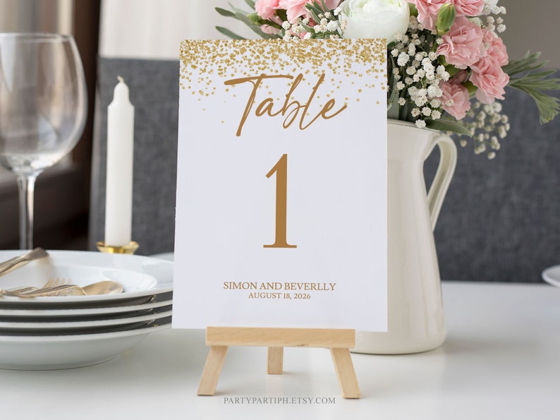 Editable Gold Glitter Table Number Sign Template Calligraphy Design in ...