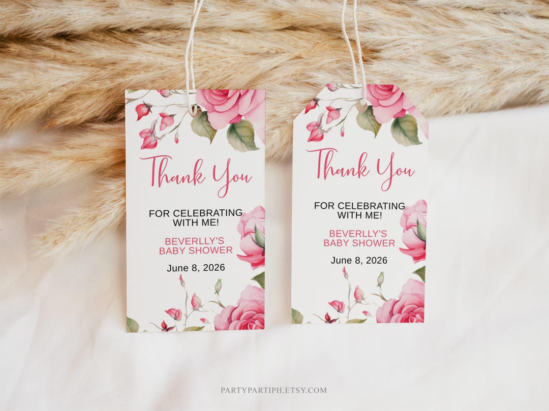 Editable Pink Valentine Baby Shower Thank You Tags Template Pink Rose ...