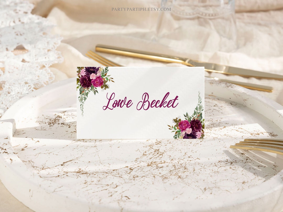 Editable Pink Burgundy Flowers Place Cards Template Instant Download ...