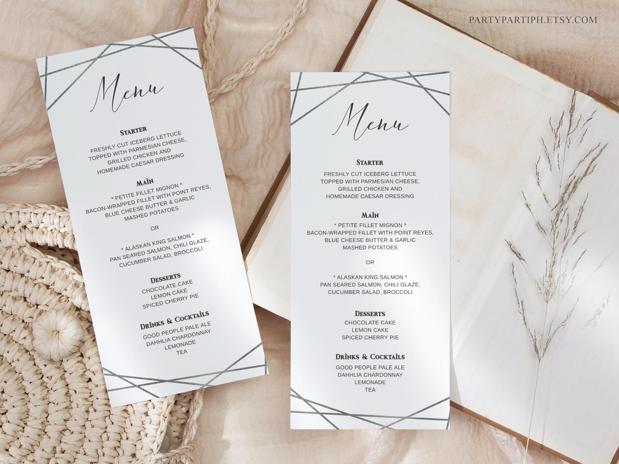 Editable Silver Frame Wedding Menu Card Template Instant Download ...