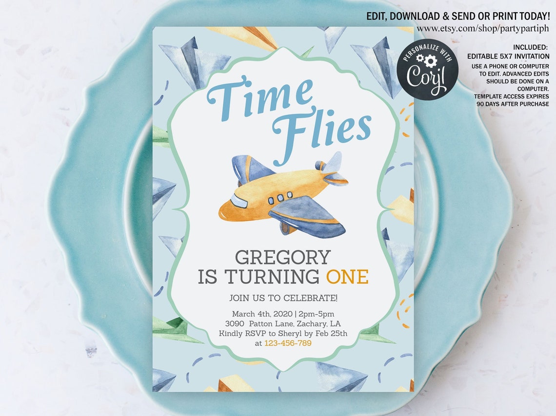 Editable Airplane Birthday Invitation Blue and White, Aircraft Birthday ...