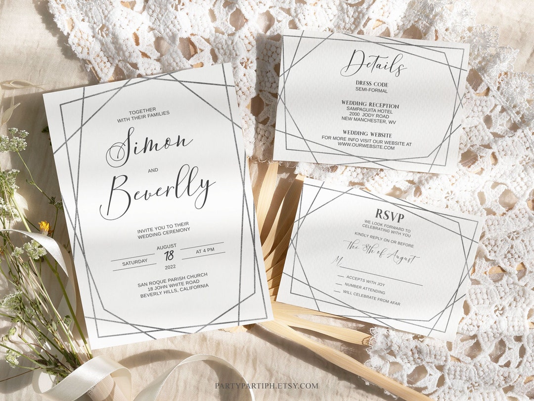 EDITABLE Silver Wedding Invitation Set Template Silver Geometric ...