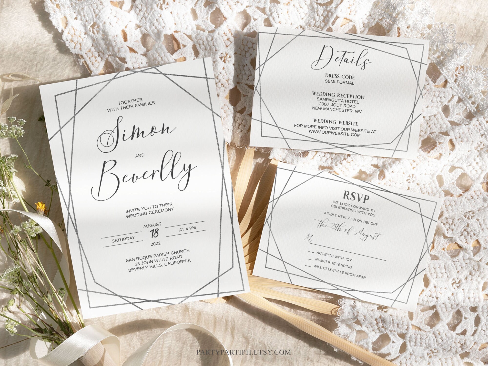 EDITABLE Silver Wedding Invitation Set Template Silver Geometric ...