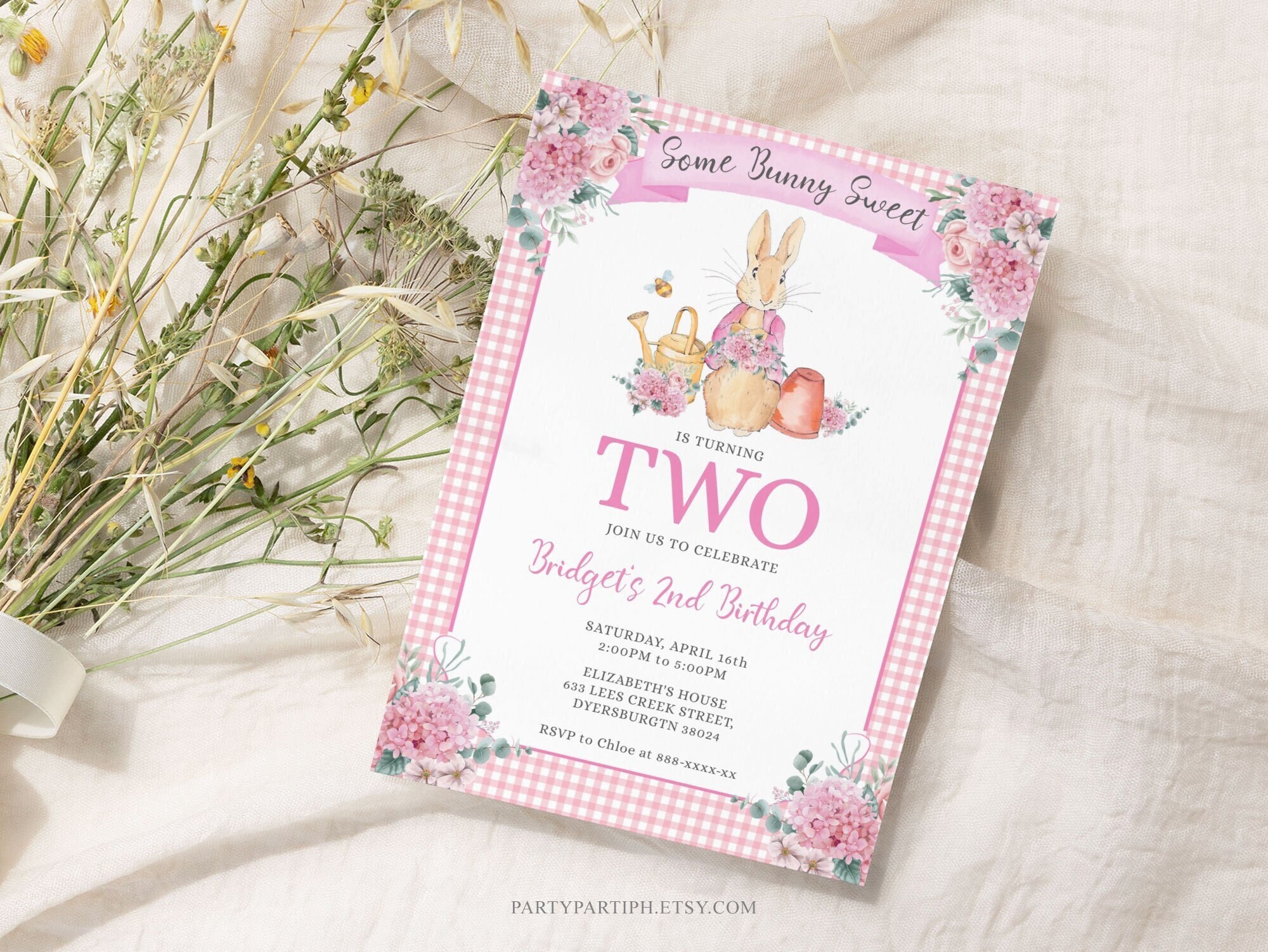 Editable Pink Peter Rabbit 2nd Birthday Invitation Template Some Bunny ...