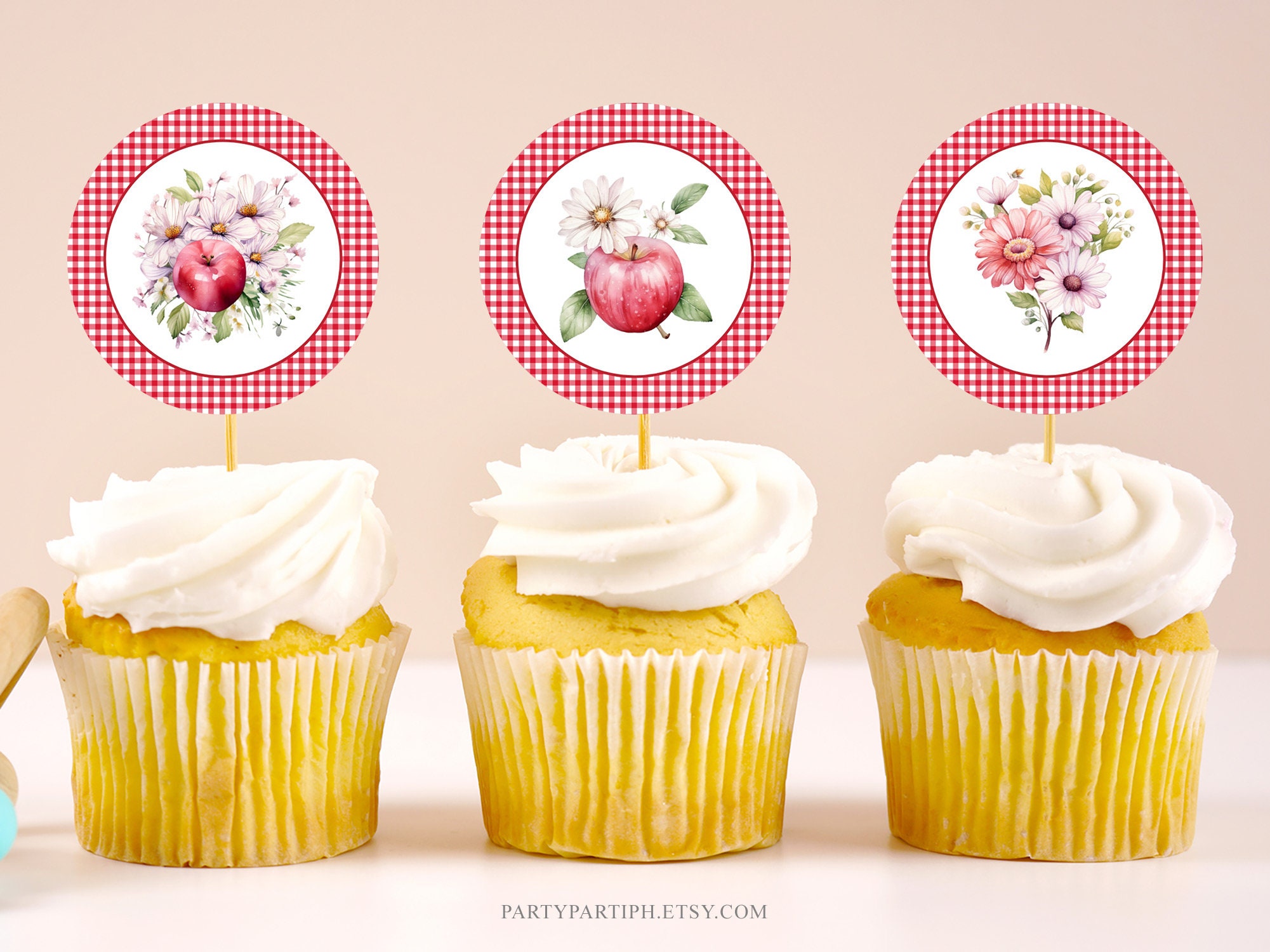 Editable Apple Birthday Cupcake Toppers Fall Apple Gingham Birthday ...