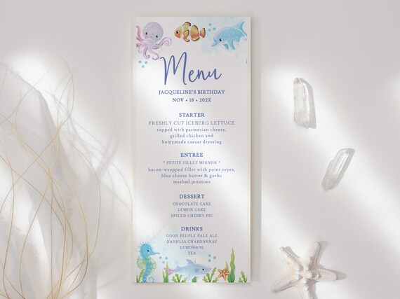 EDITABLE Under the Sea Menu Card Template (Wedding, Bridal Shower ...