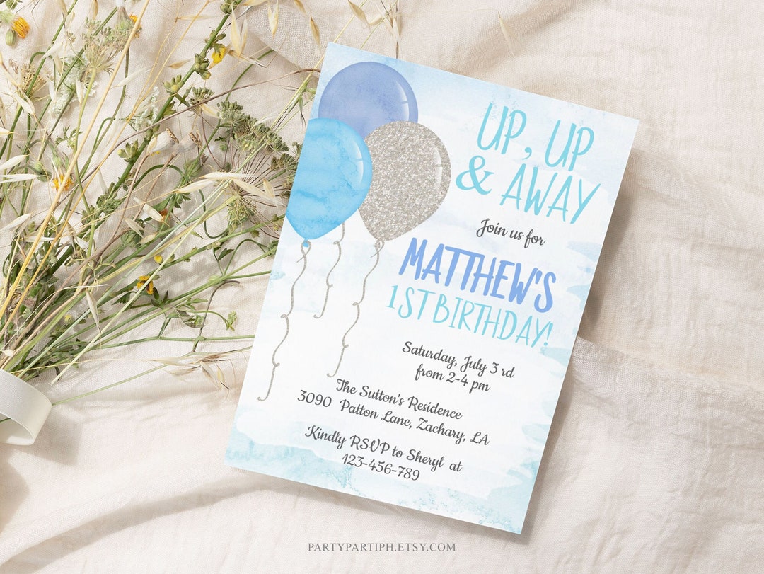 Editable Blue Balloons Birthday Invitation Template 1st Birthday Party ...