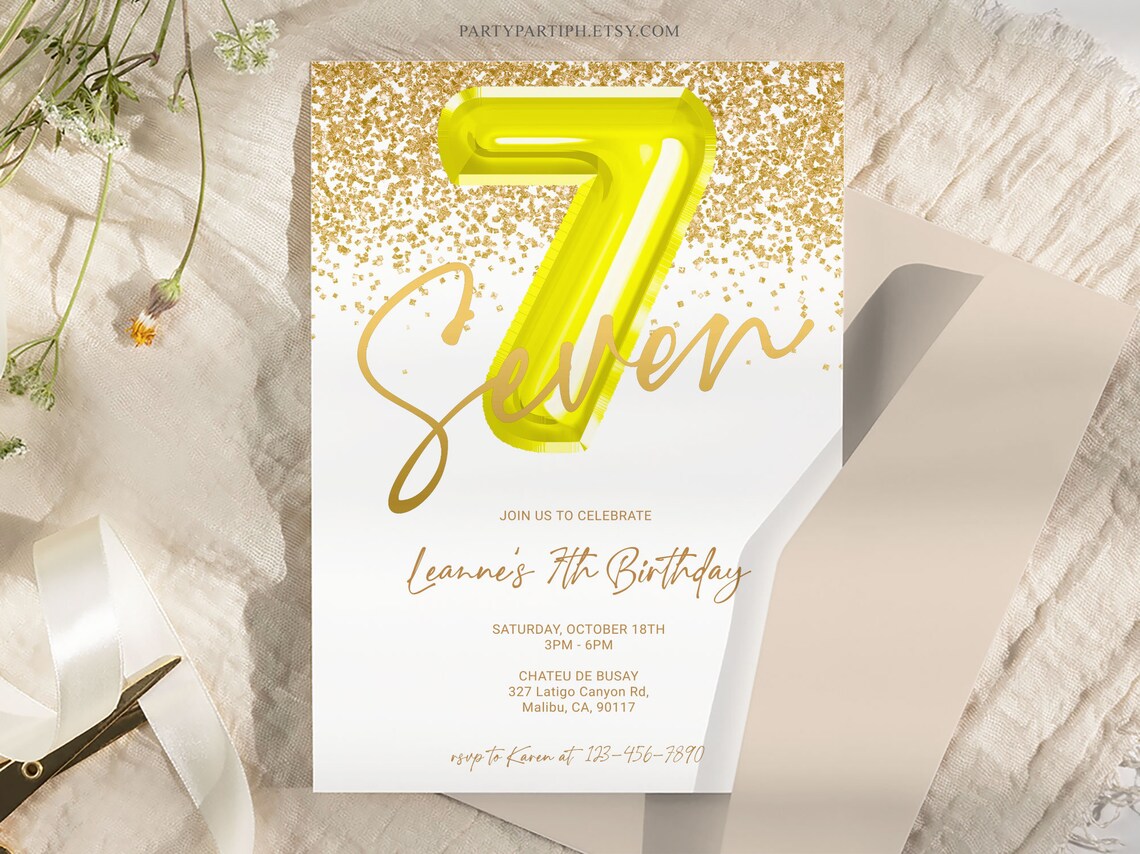Gold Glitter Birthday Invitation Template Gold 7th Birthday Invitation ...