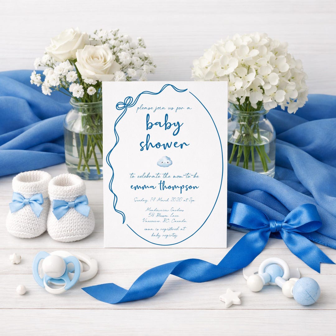 Baby Shower Invitation Template Editable, Minimalist Neutral Blue ...