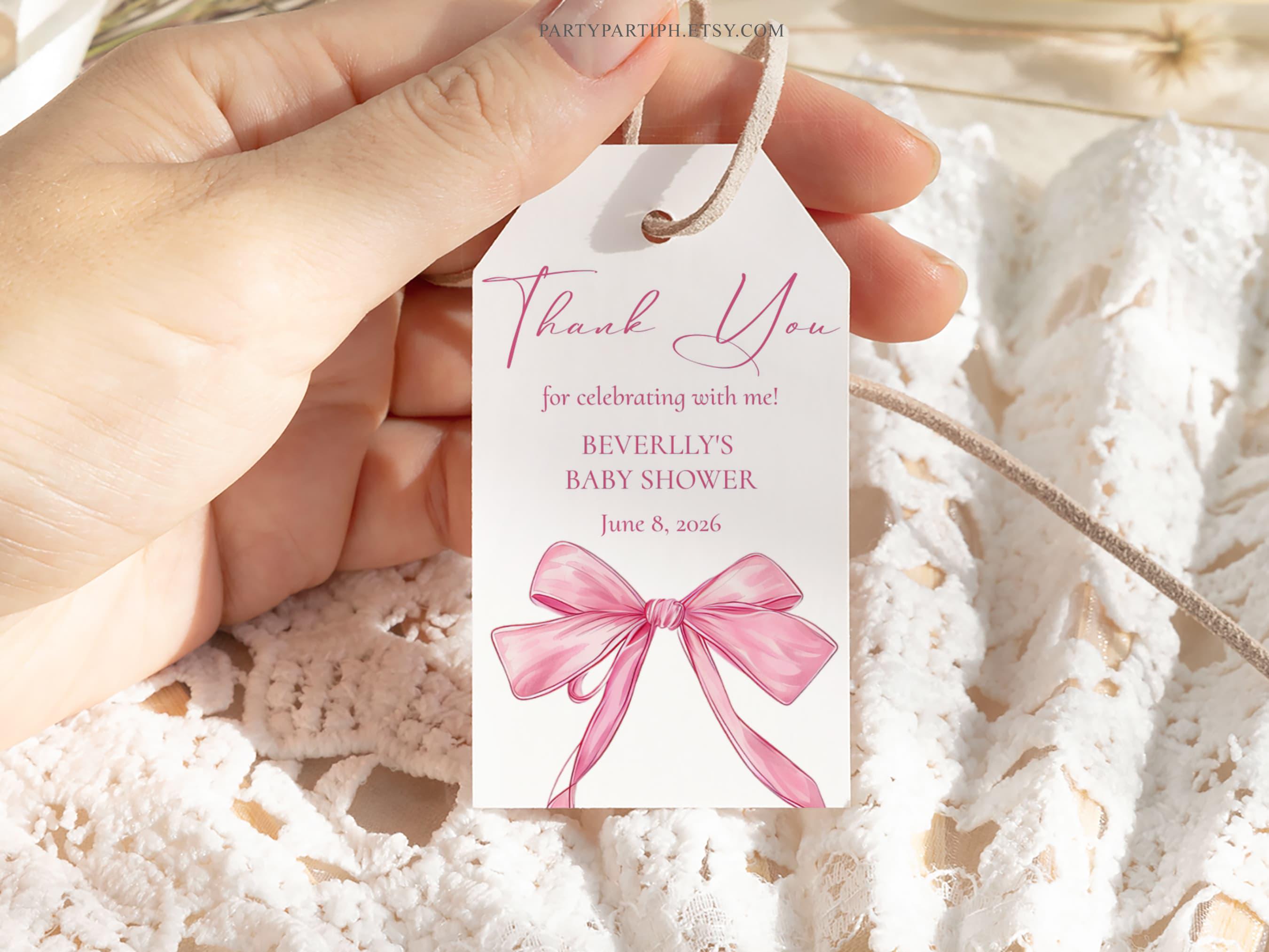 Editable Pink Bow Baby Shower Thank You Tags Template Cute Girl Bow ...