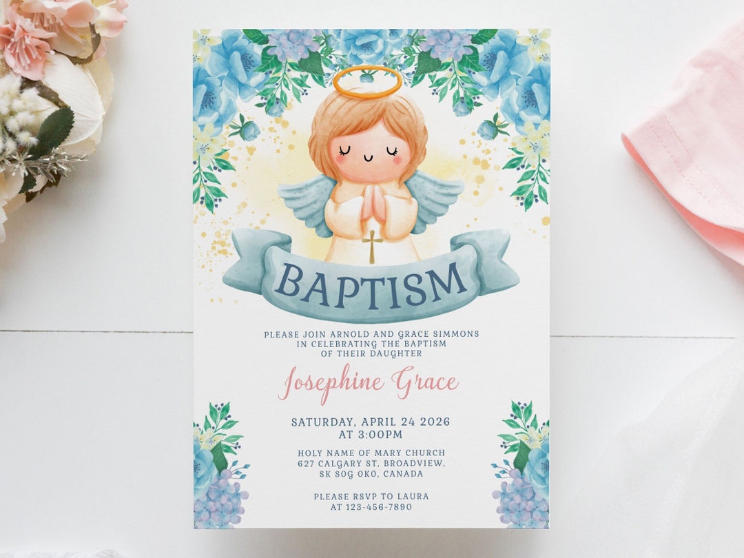 Editable Angel Baptism Invitation Blue Flowers Baptism Invitation Girl ...