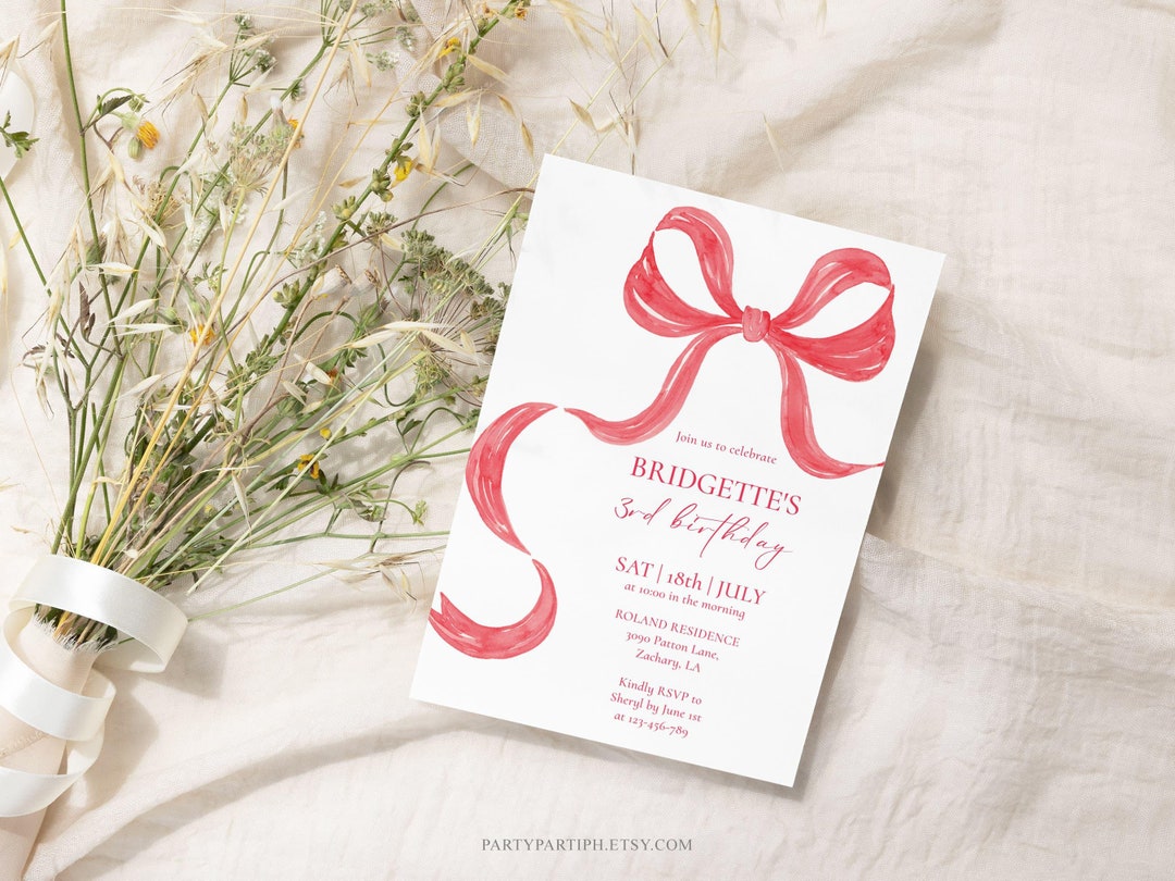 EDITABLE Red Bow Birthday Invitation Template Cute Bow Theme 1st 2nd ...