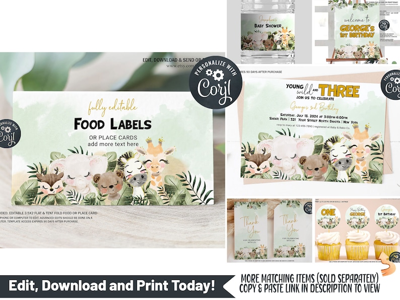 Editable Safari Animals Place Cards Template Instant Download Table ...
