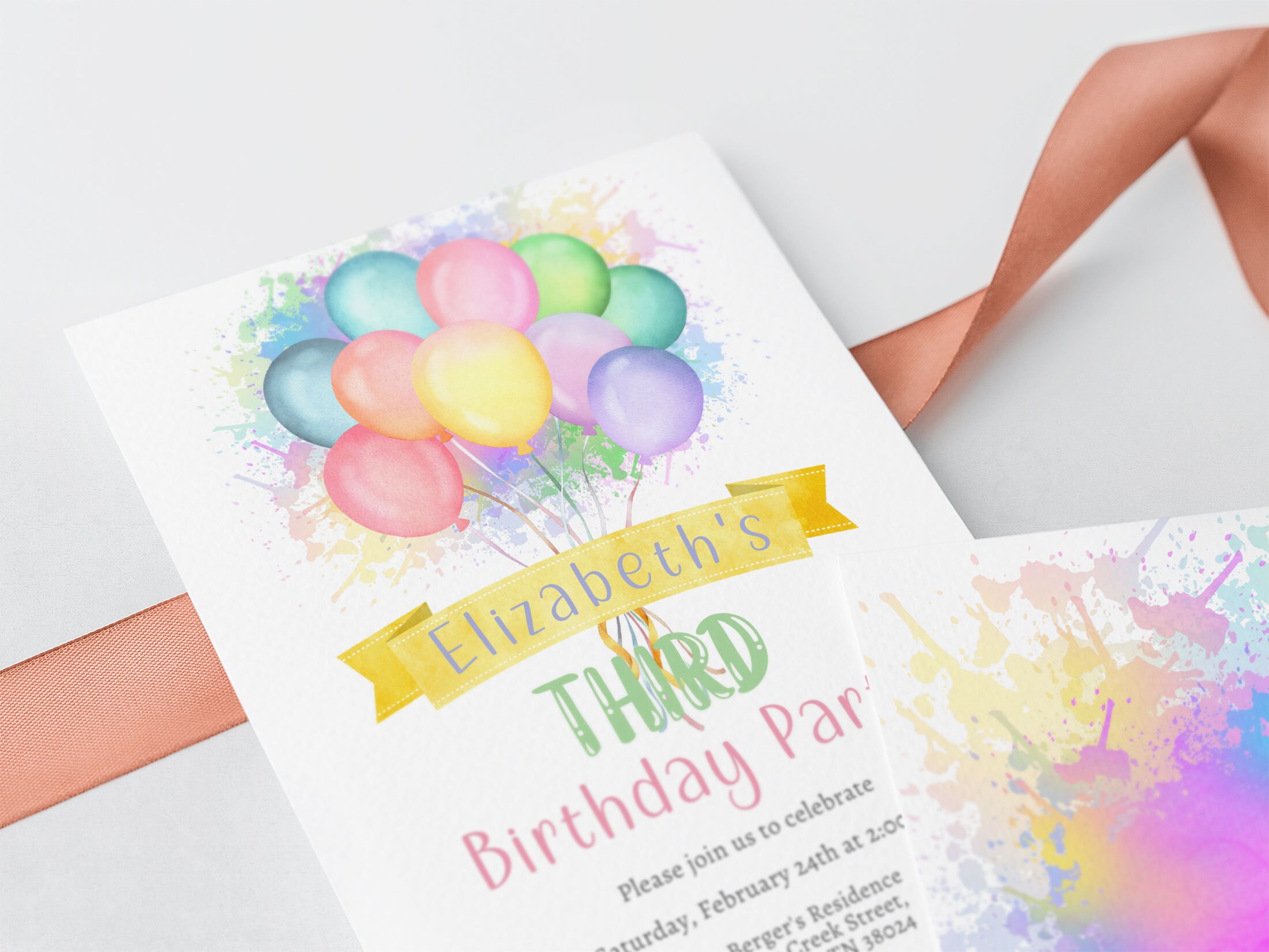 Editable Watercolor Pastel Rainbow Balloons Birthday Invitation Rainbow ...