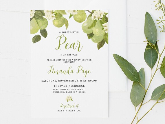 Editable Pear Baby Shower Invitation Fruit Watercolor Baby - Etsy