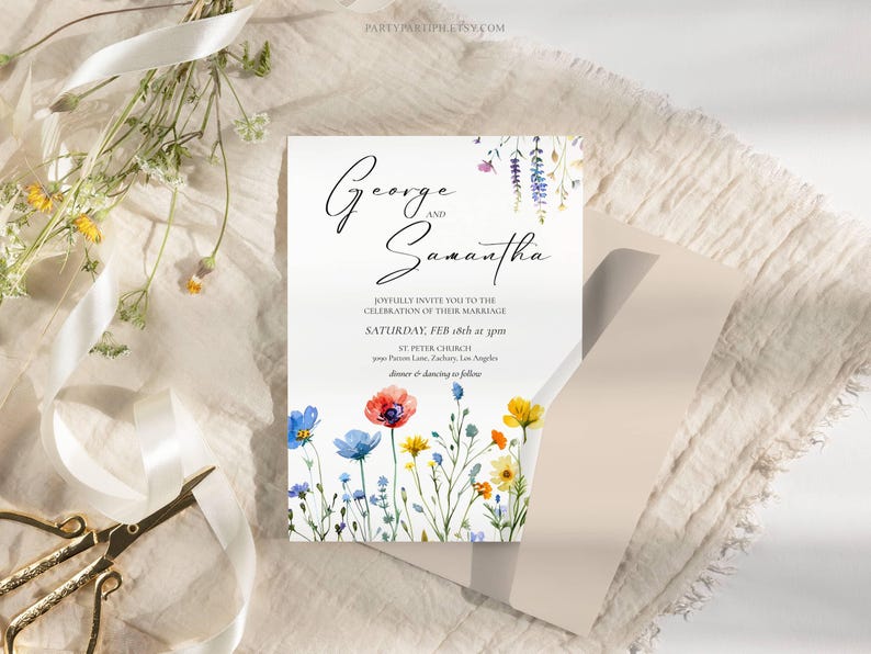 Editable Wildflower Wedding Invitation Template Spring Flowers Wedding ...